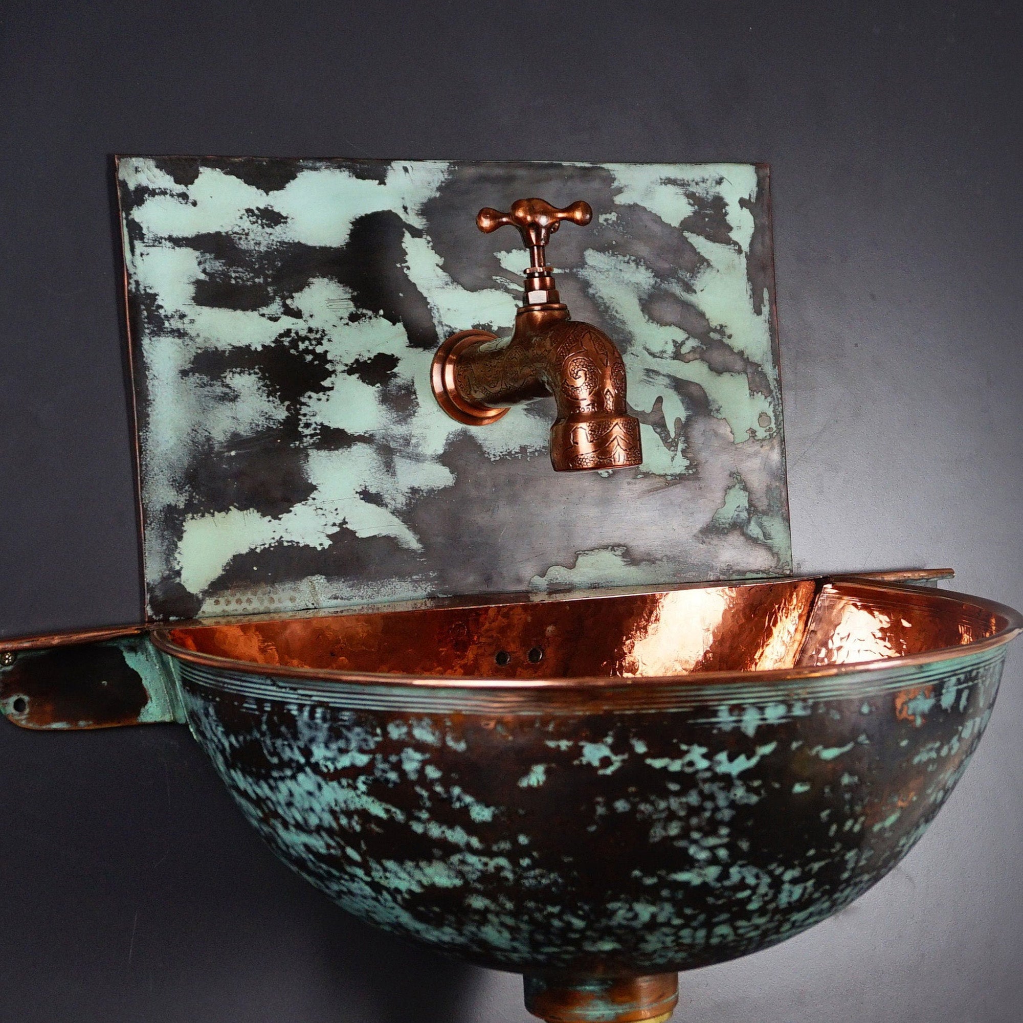 Oxidized Copper Wall Hung Sink | Bathroom Sink with Back Plate ...