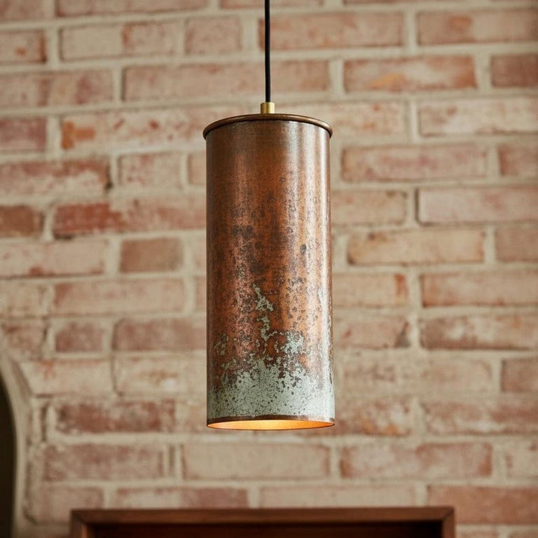 Set of 3 Aged Copper Cylinder Pendant Lights – Handmade Patina – CopperKesh
